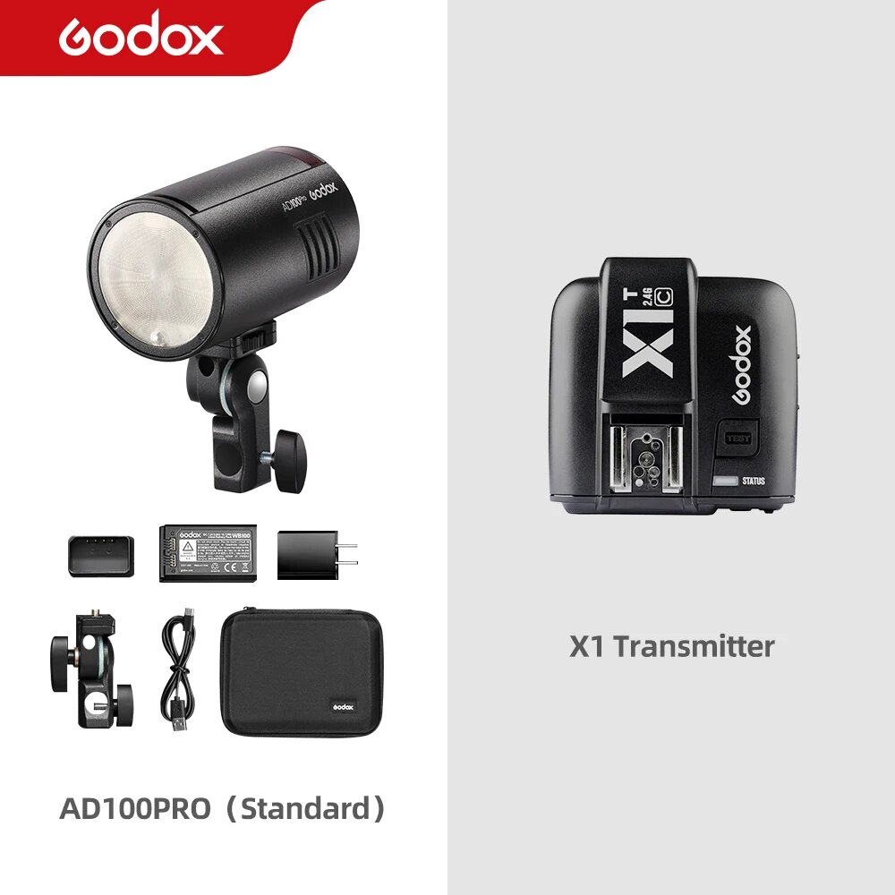 Godox AD100Pro 100 Вт·с TTL 2.4G HSS 1/8000 с Портативный фонарик с литиевым аккумулятором 7.2V/2600 мА·ч 360 вспышек на полной мощности 0.01-1.5 с