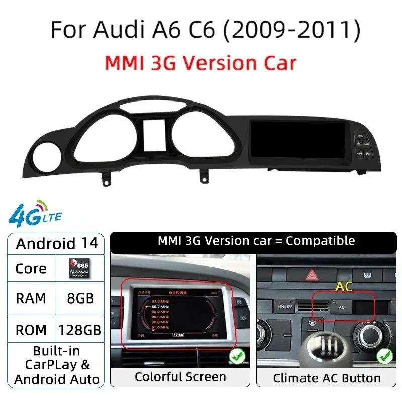 Автомагнитола Android 14 с CarPlay для Audi A6 C6 4F, Audi Q7 4L 2005-2015, MMI 2G A6 Q8G128 MMI 3G