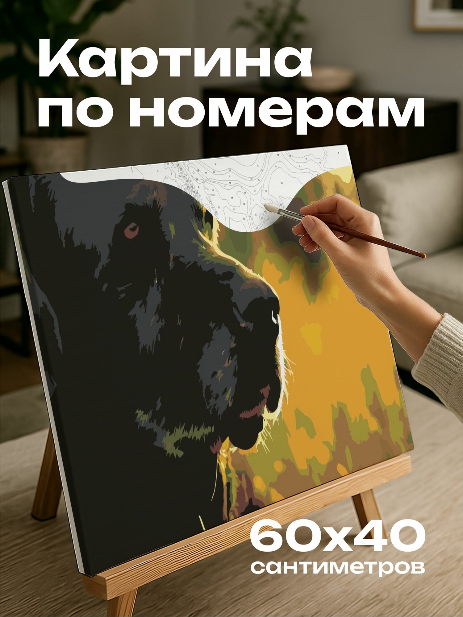 Картина по номерам 60x40 см, лабрадор, задумчивый взгляд, солнцем залитый луг, умный друг, естественная красота, f