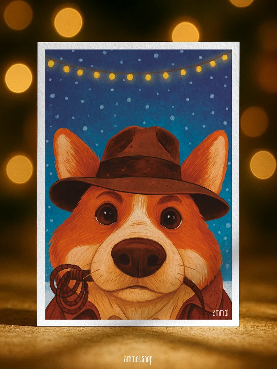 Авторская открытка Am.moi Корги Индиана Джонс 14,8 10,5 см (А6) с конвертом, фотобумага 300 г/м