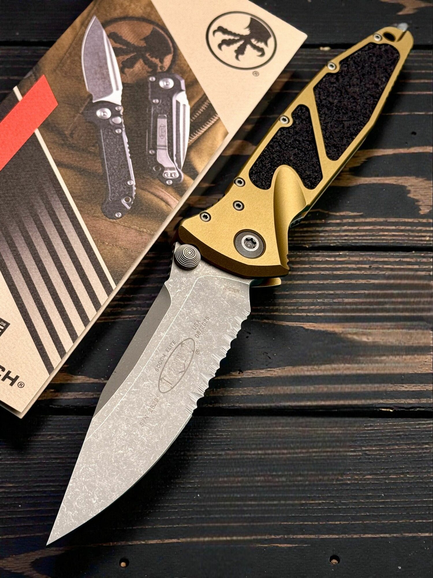 Нож складной MicroTech MCT16011APTA Socom Elite, Apocalyptic Part Serrated Blade, Tan Handle