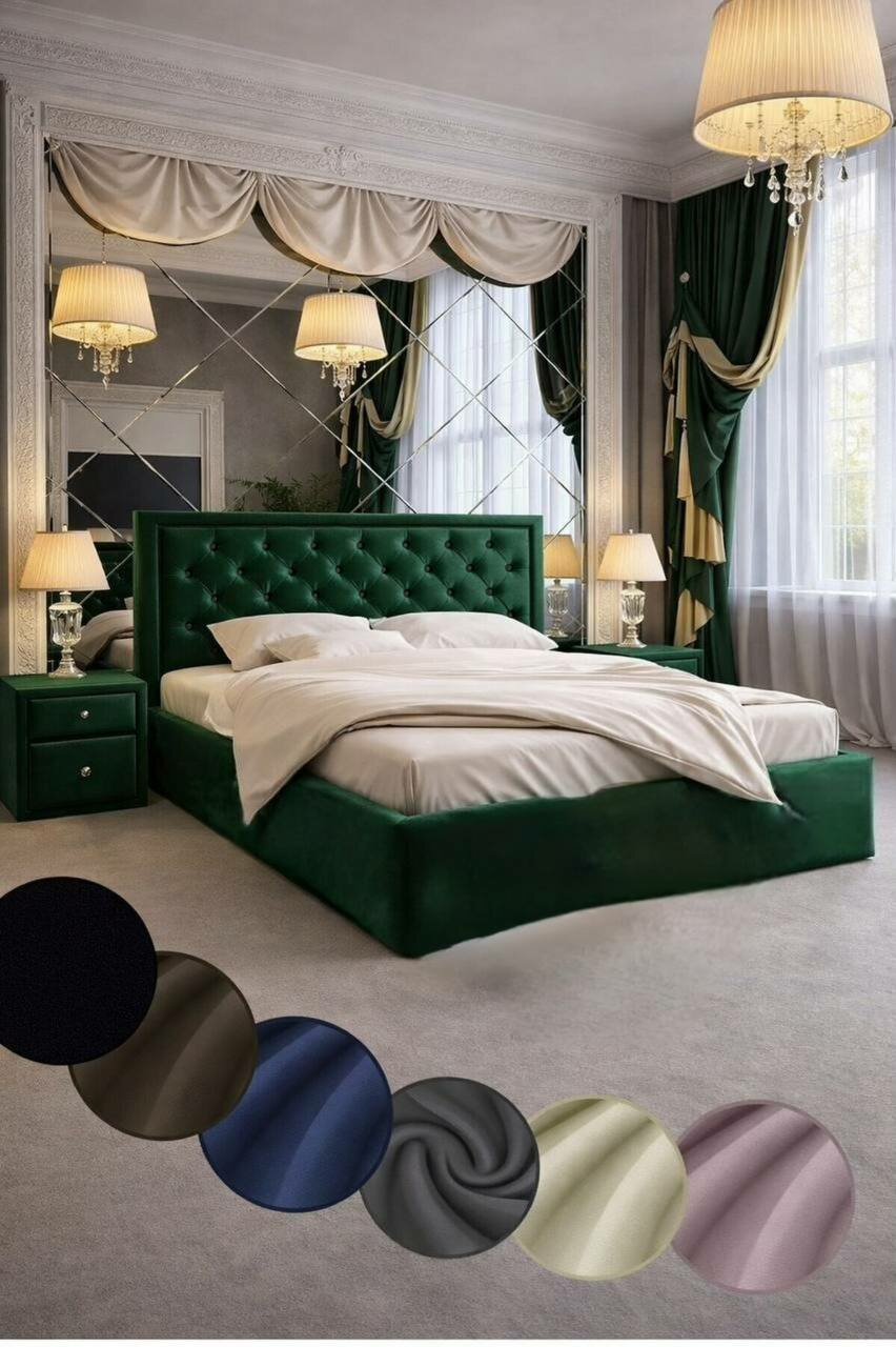 Кровать двуспальная Carriage, 180x200см, мягкая обивка, с подъемным механизмом и ортопедическим основанием, зелёный, ткань велюр