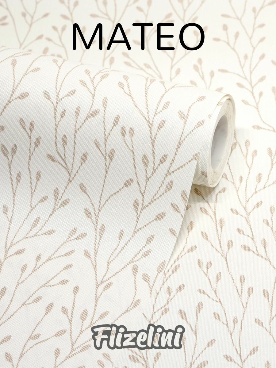 Обои флизелиновые метровые веточки на белом антивандальные, 1.06 м, Mateo (Flizelini, 2072-60)