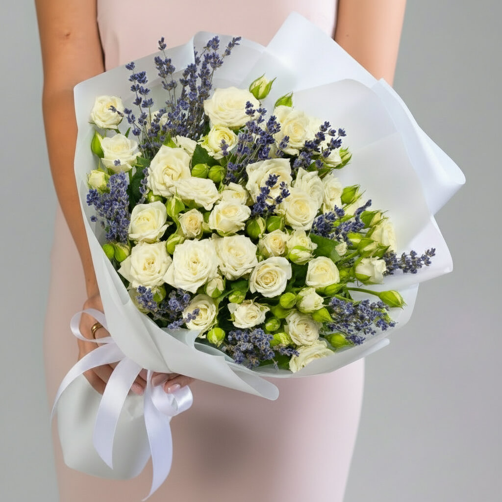 Дуо-букет Мегацвет24 "Кустовая Роза и Лаванда", белый/лавандовый, дизайнерская упаковка