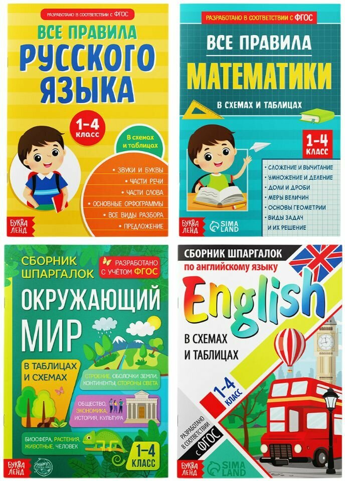 Набор "Сборники шпаргалок для начальной школы. 1-4 класс", 4 книги: по математике, русскому и английскому языку, окружающему миру, 7+