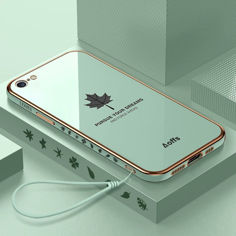 Чехол для iPhone 7 с мятным зеленым рисунком клена, матовая поверхность, в комплекте стекло и подвесной шнур