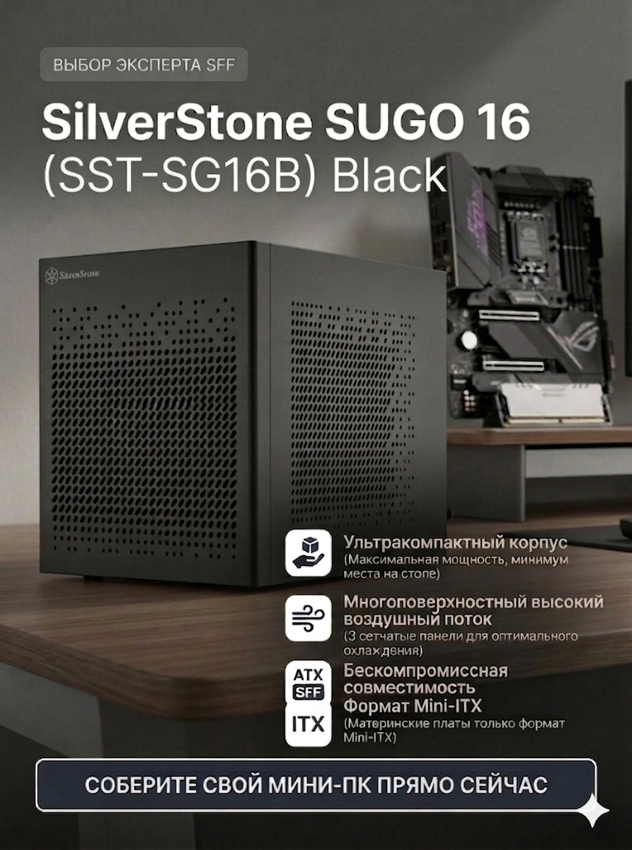 Корпус Mini-ITX Minitower Silverstone Sugo 16 SST-SG16B Black