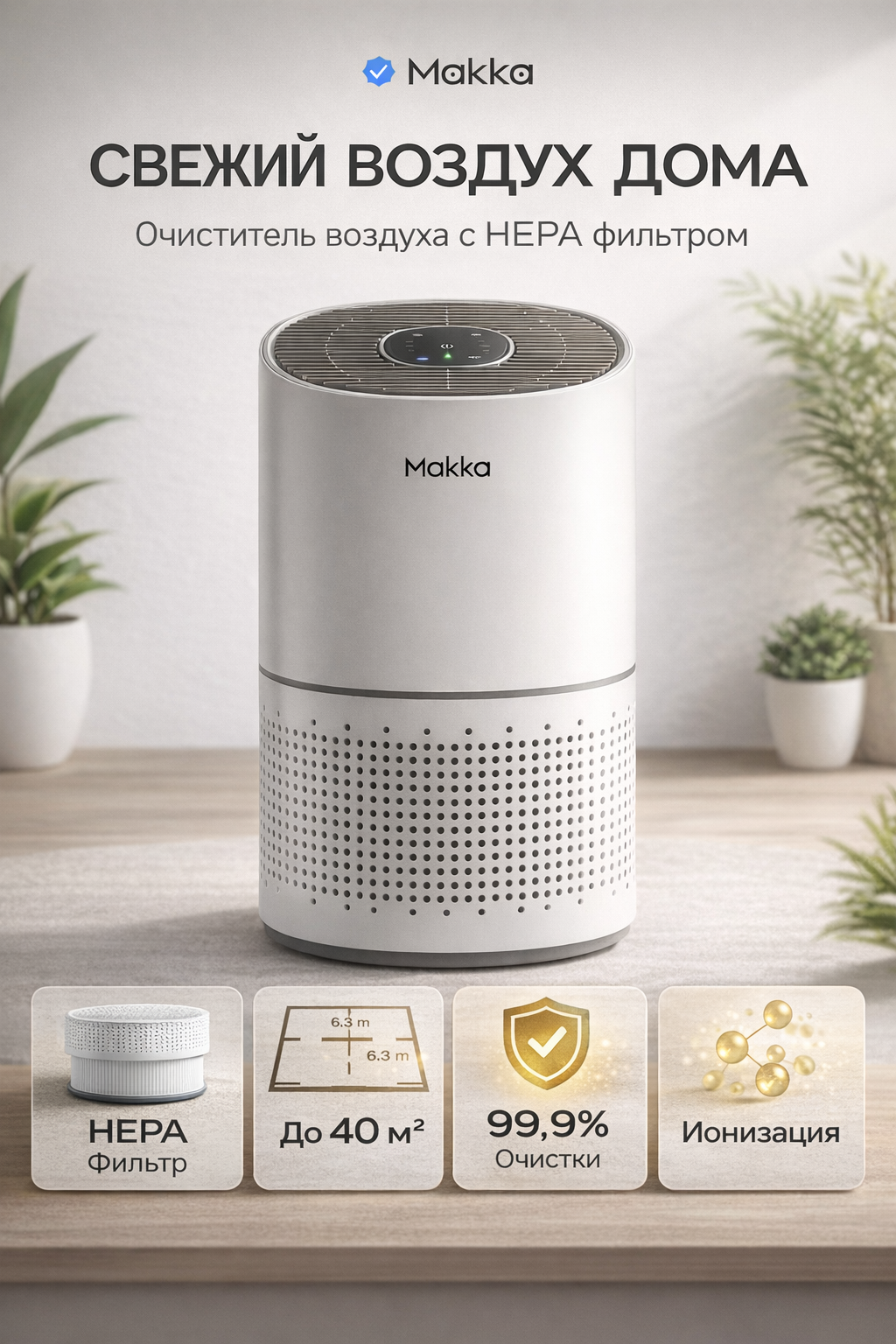 Очиститель воздуха для дома от пыли, запахов и аллергенов, воздухоочиститель с ионизацией и нера фильтром