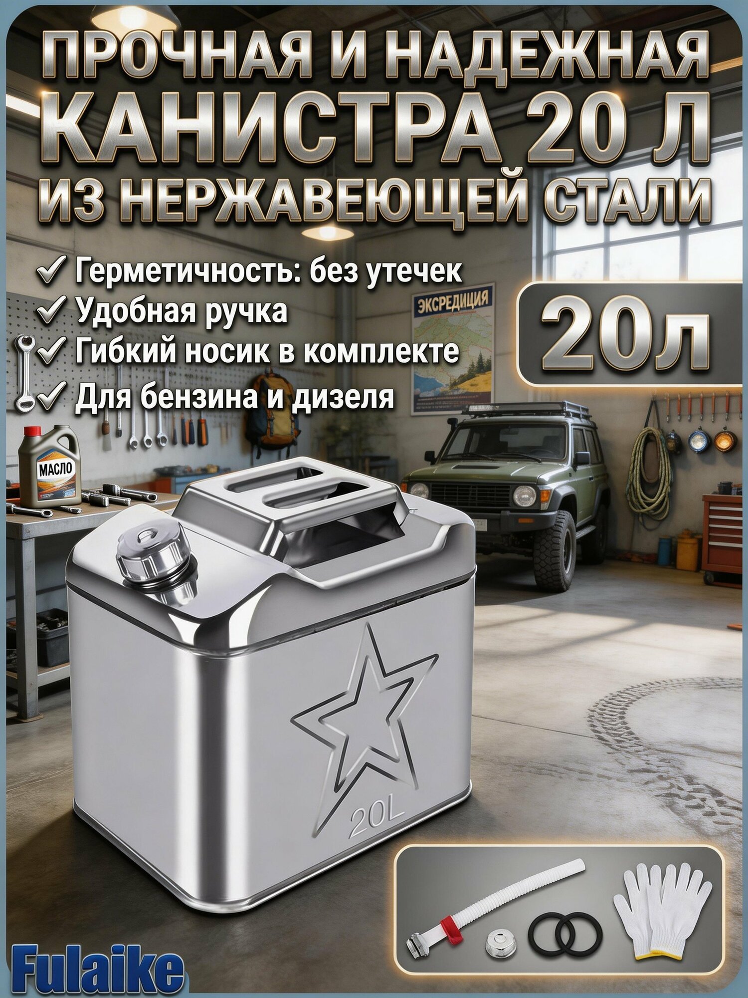 Канистра металлическая 20 л для бензина и ГСМ, вертикальная из нержавеющей стали 201 с толщиной стенки 0.8 мм, с заливным носиком и уплотнённой крышкой