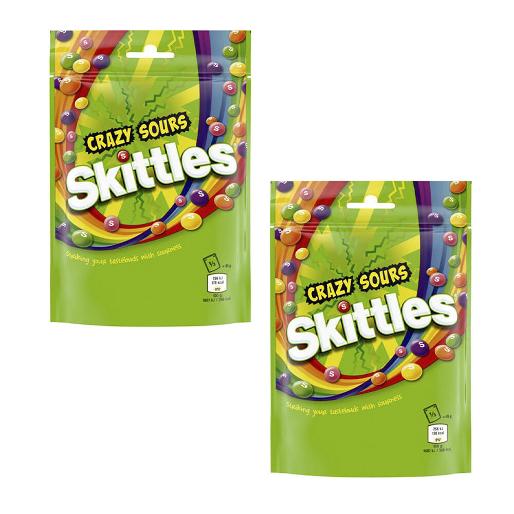 Драже Skittles Crazy Sours (Скитлс безумно кислые), 2 шт. по 136 гр
