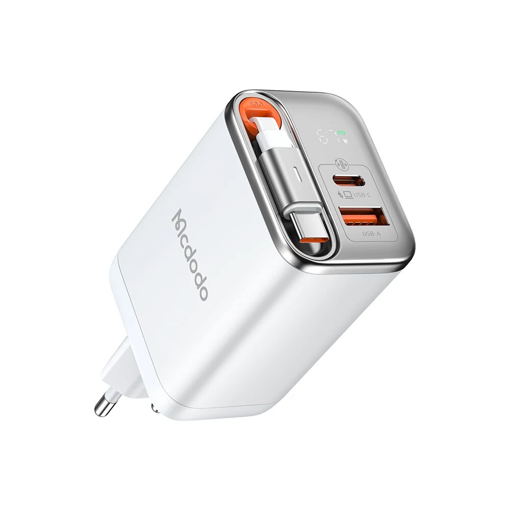 67 Вт GaN USB-C адаптер с выдвижным кабелем для MacBook, iPad, Samsung - розетка EU (белый)