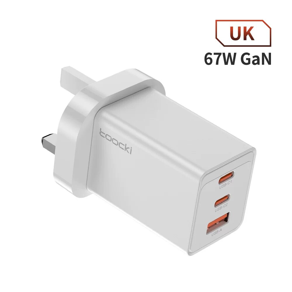 Tookci 67W GaN USB-C Зарядное устройство с версией для Гонконга и Великобритании 2 USB-C и 1 USB-A порта белый для