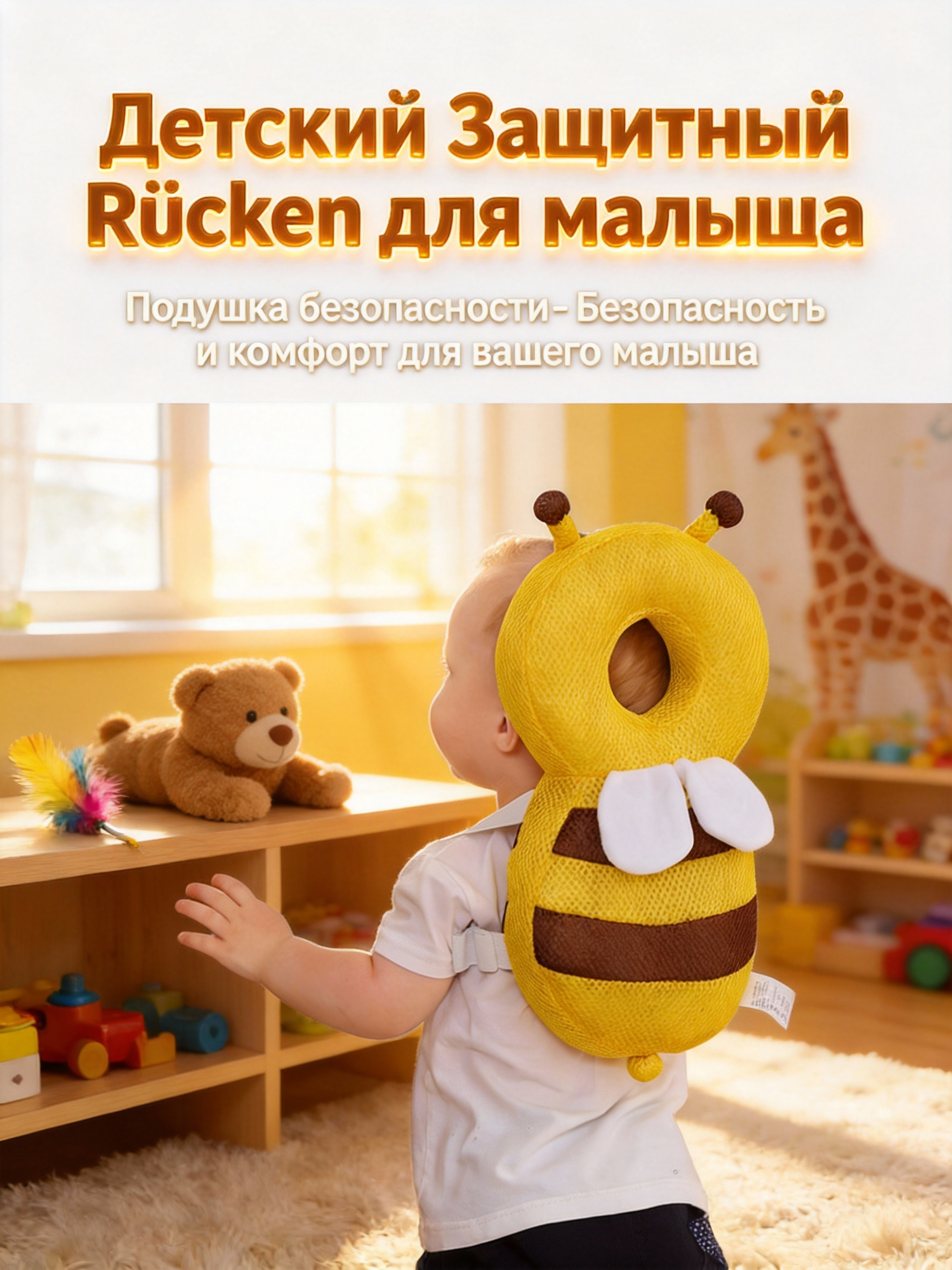 Детский рюкзачок для защиты головы и спины, в форме пчелы с усиленным нагрудным ремнем и ультрамягкой внешней тканью