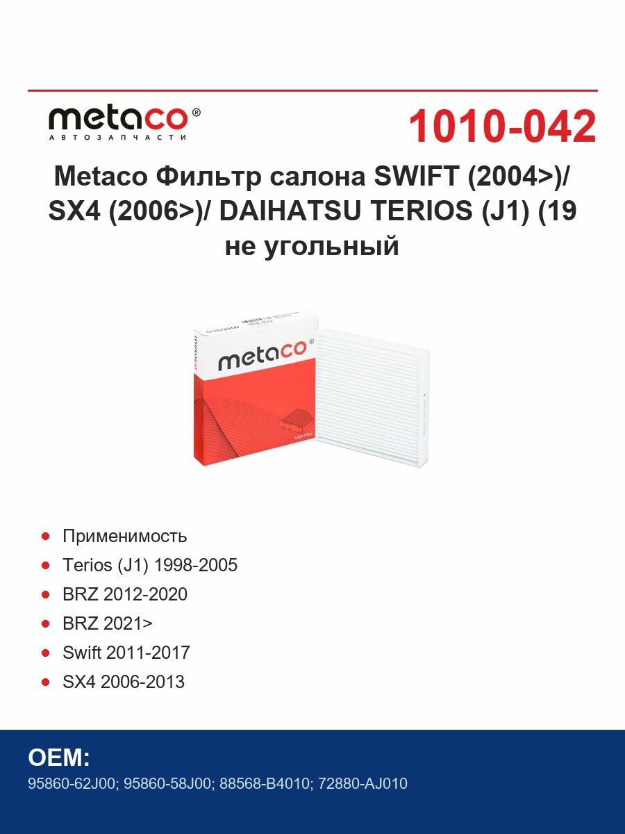 Metaco Фильтр салона SWIFT (2004>)/ SX4 (2006>)/ DAIHATSU TERIOS (J1) (19 не угольный