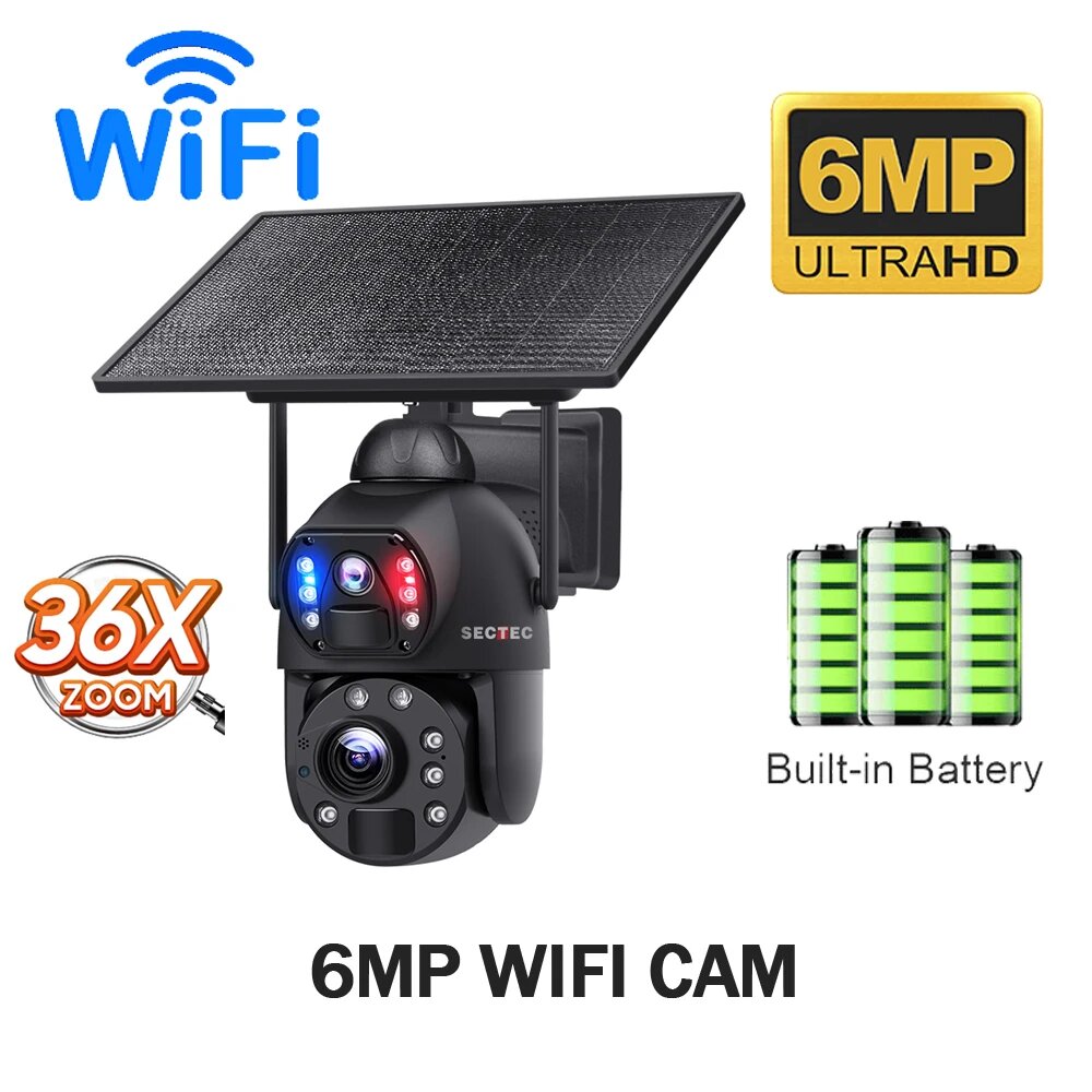 SECTEC 6MP 36X Зум Двойной обзор WIFI Солнечная батарейная камера 4G Солнечная наружная наблюдательная камера PTZ Камера Солнечные камеры