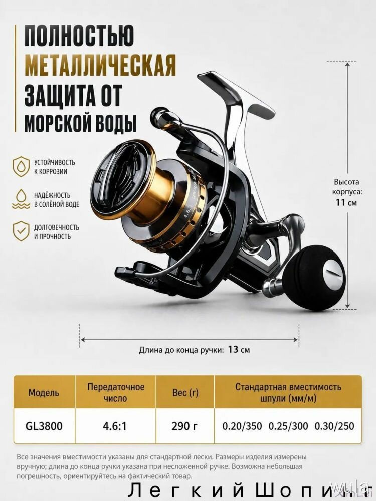 Спиннинговая катушка модель 3800 черно-золотой дизайн CNC рукоятка 12 кг фрикцион для рыбалки, рыболовная — фото 1