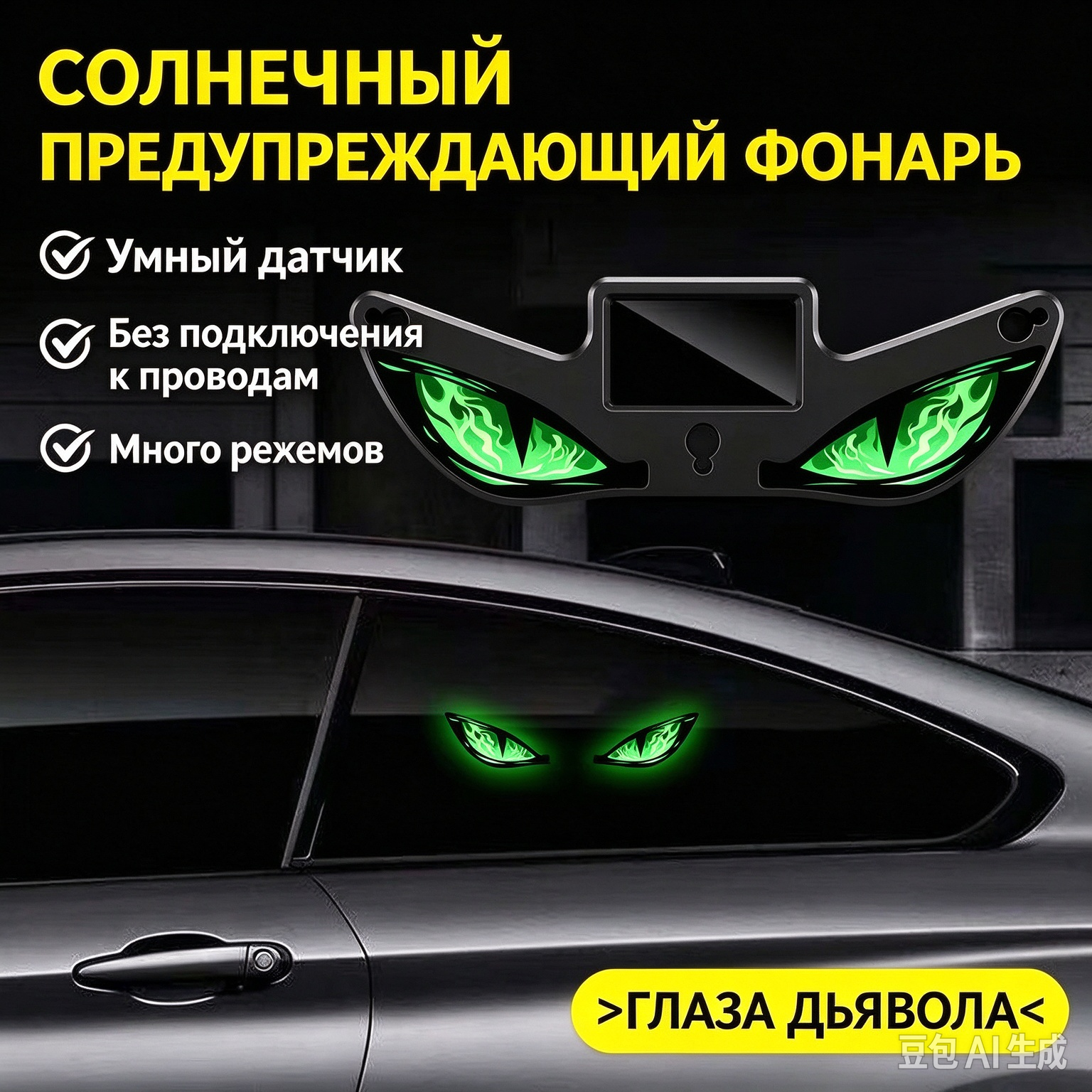 Автолампа «Демонические глаза» солнечная LED, предупреждающий огонь, крепление на присосках