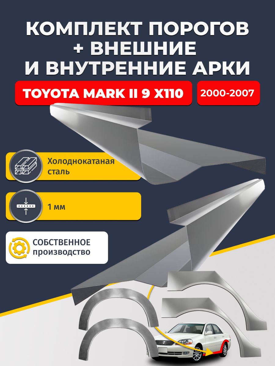 Комплект ремонтных задних внешних и внутренних арок (0,8 мм) + комплект стандартных ремонтных порогов , на Toyota Mark X110 2000-2007 Седан (Марк 2) Холоднокатаная сталь 1 мм