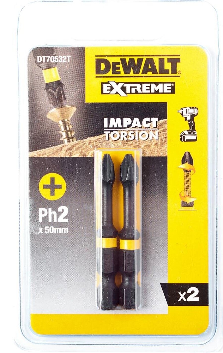 Бита для шуруповерта DeWalt / ДеВолт Impact Torsion ударная, стальная, наконечник PH2, длина 50мм, 2шт. / инструменты