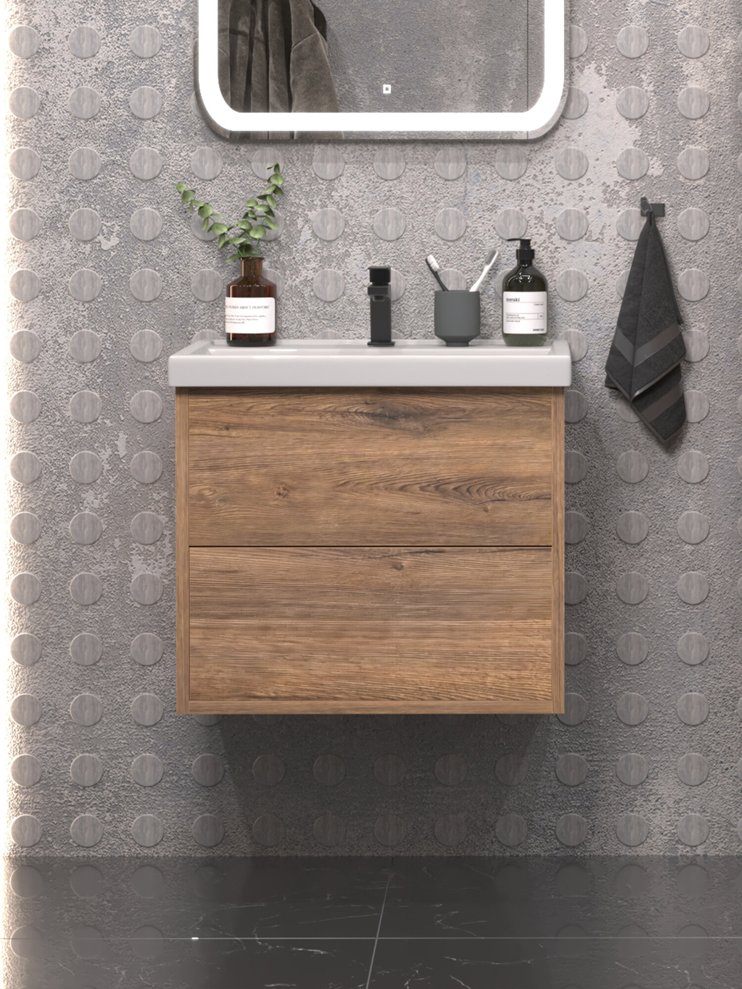 Тумба подвесная Vannika Rinni 50 с раковиной Фостер 50 для ванной комнаты, дуб веллингтон табак