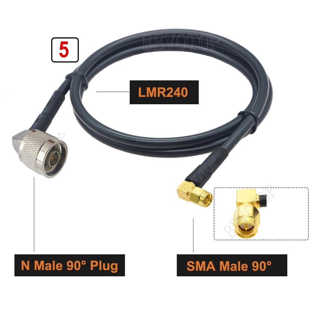 BEVOTOP Кабель LMR240 N Male 90° к SMA Male 50 Ом 3M, SMA M90 to N M90