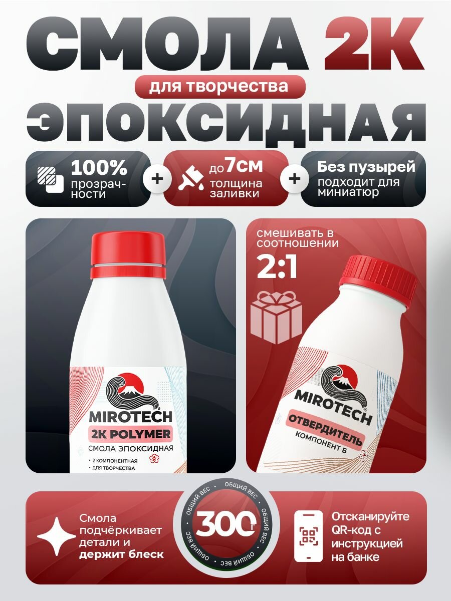 2К Эпоксидная смола для творчества MIROTECH двухкомпонентная кристально-прозрачная, самовыравнивающаяся высокопрочная, без запаха (0.2 кг+0.1 кг отвердитель)