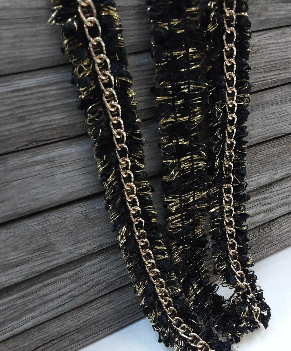 Декоративная тесьма "Бахрома с цепочкой", черная, люрекс, 3 м