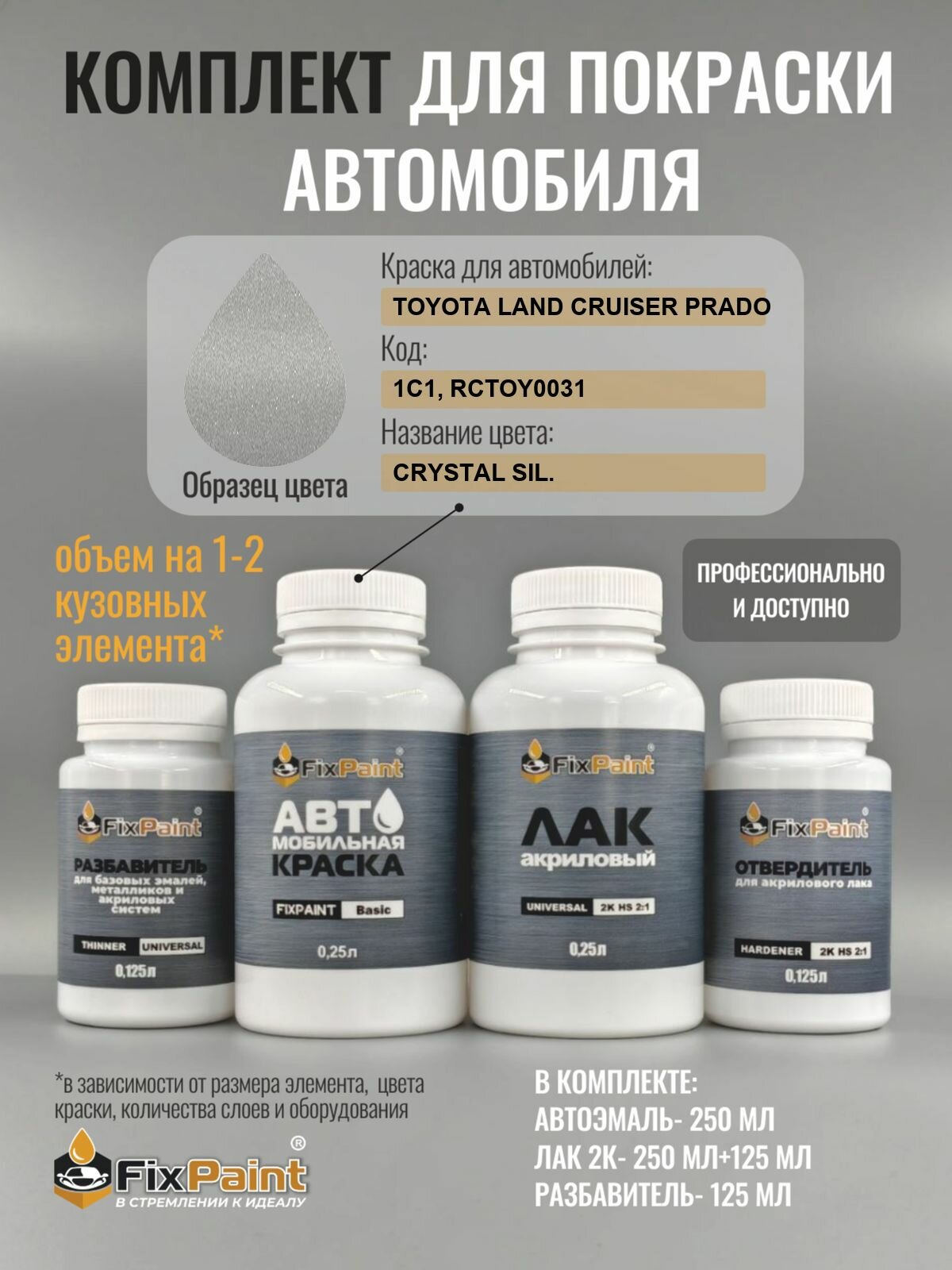 Комплект для покраски TOYOTA LAND CRUISER PRADO, код 1C1, RCTOY0031, CRYSTAL SIL , базовая автомобильная краска 250 мл, лак 2K 250 мл с отвердителем, разбавитель 125 мл, FixPaint Pro