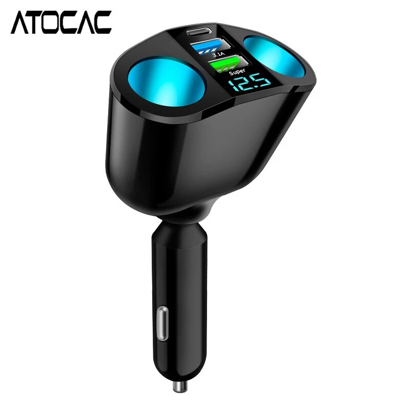 Автомобильное зарядное устройство USB C с двумя розетками, разветвитель PD QC3.0 66 Вт, быстрая зарядка, адаптер прикуривателя, светодиодный адаптер, напряжение 12 В 24 В, автомобильный порт, 66W 3.1A