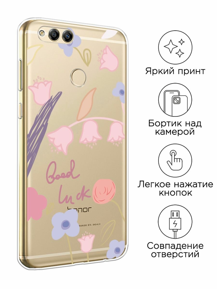 Чехол на Honor 7X / Хонор 7Х с принтом "Lucky flowers", прозрачный — фото 1