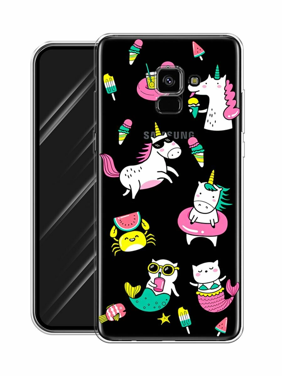 Чехол на Samsung Galaxy A8 + / Самсунг Галакси А8 Плюс 2018 с принтом "Единороги в отпуске", прозрачный — фото 1