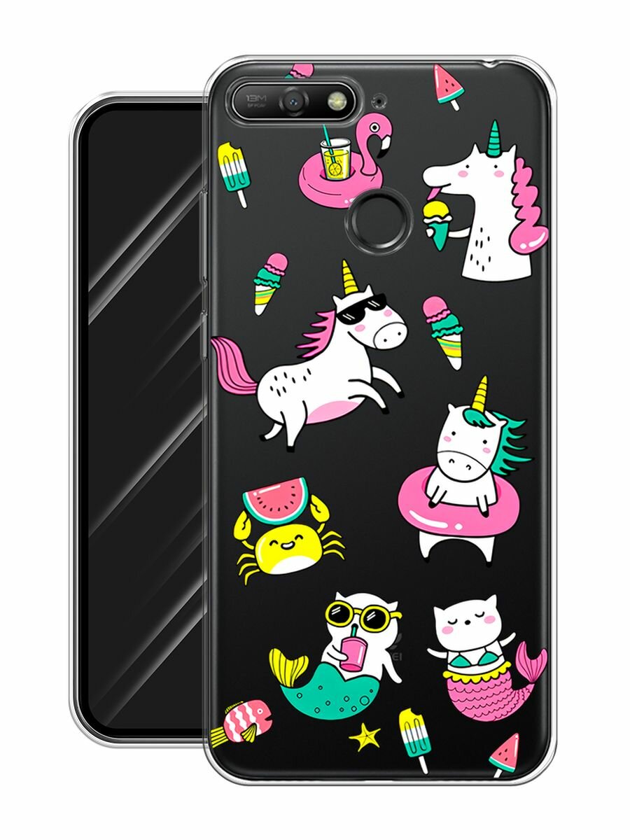 Чехол на Honor 7C/7A Pro/Huawei Y6 Prime 2018 / Хонор 7С/7А Про с принтом "Единороги в отпуске", прозрачный — фото 1