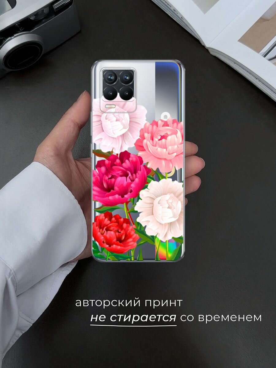 Чехол на Realme 8/8 Pro / Реалми 8/8 Про с принтом "Большие пионы", прозрачный — фото 1