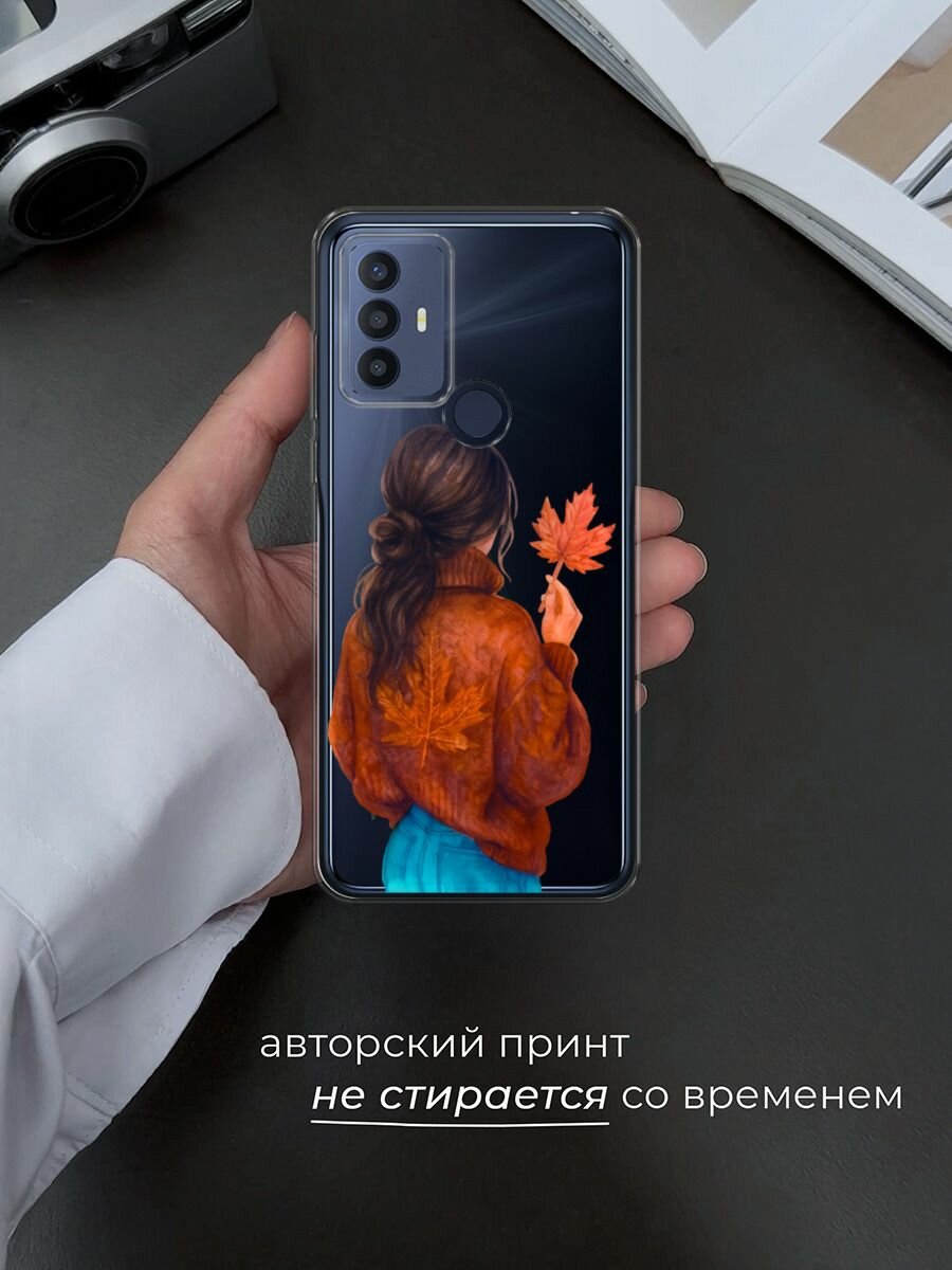 Чехол на TCL 30E/30 SE/305/306 / ТСЛ 30E с принтом "Девушка с опавшим листом", прозрачный — фото 1