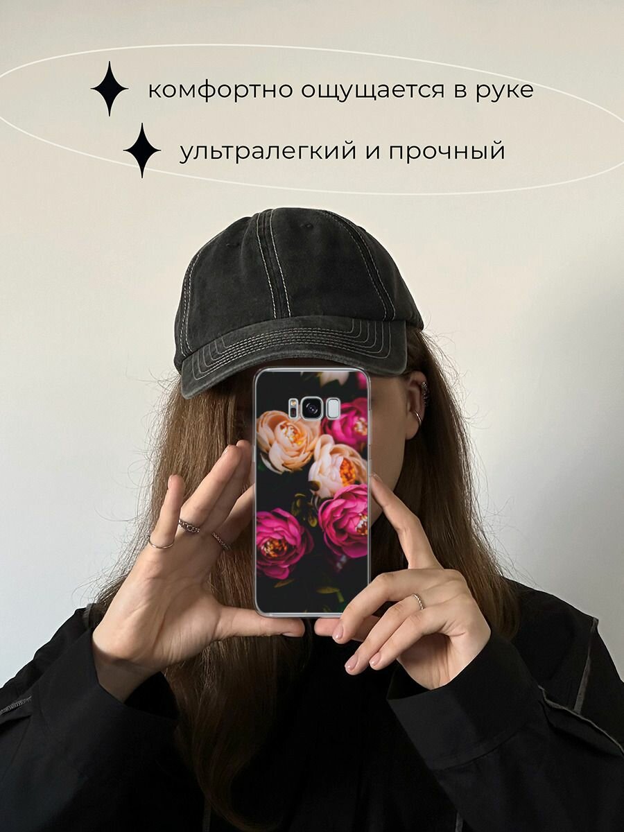 Чехол на Samsung Galaxy S8 / Самсунг Галакси С8 с принтом "Розовые пионы на черном" — фото 1