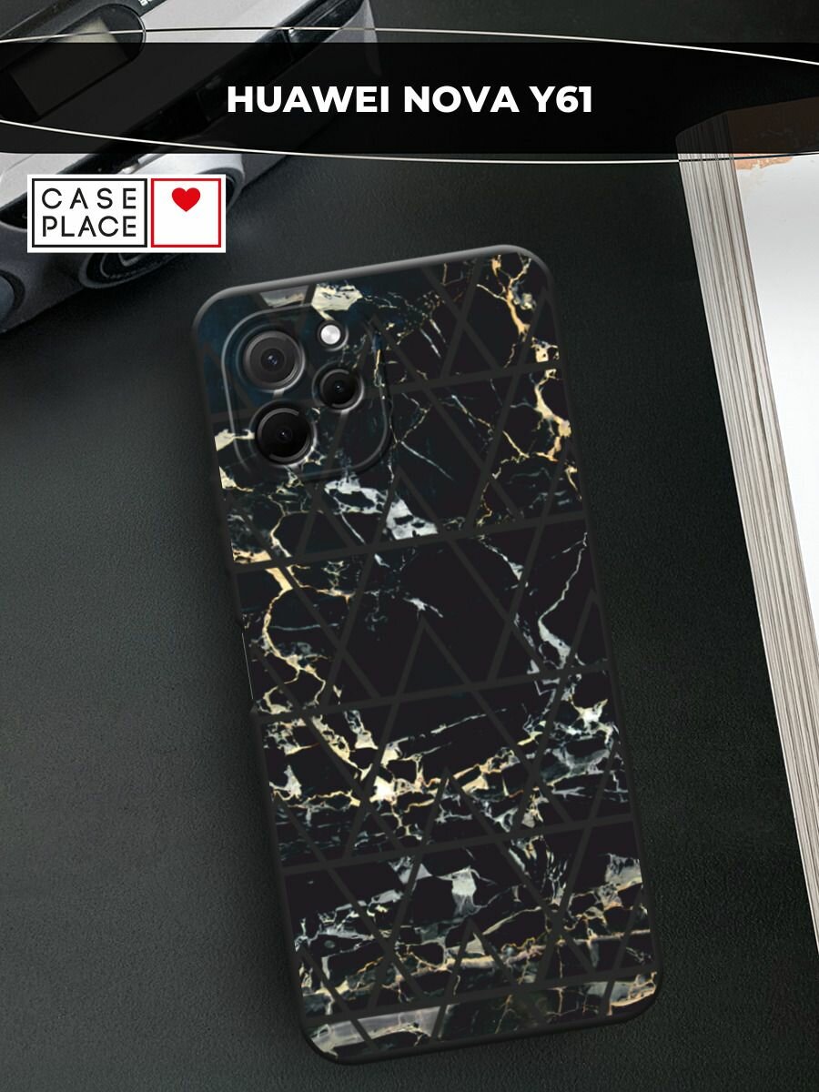 Черный матовый чехол на HuaweI Nova Y61 / Хуавей Нова Y61 с принтом "Черный мрамор с узорами треугольниками"