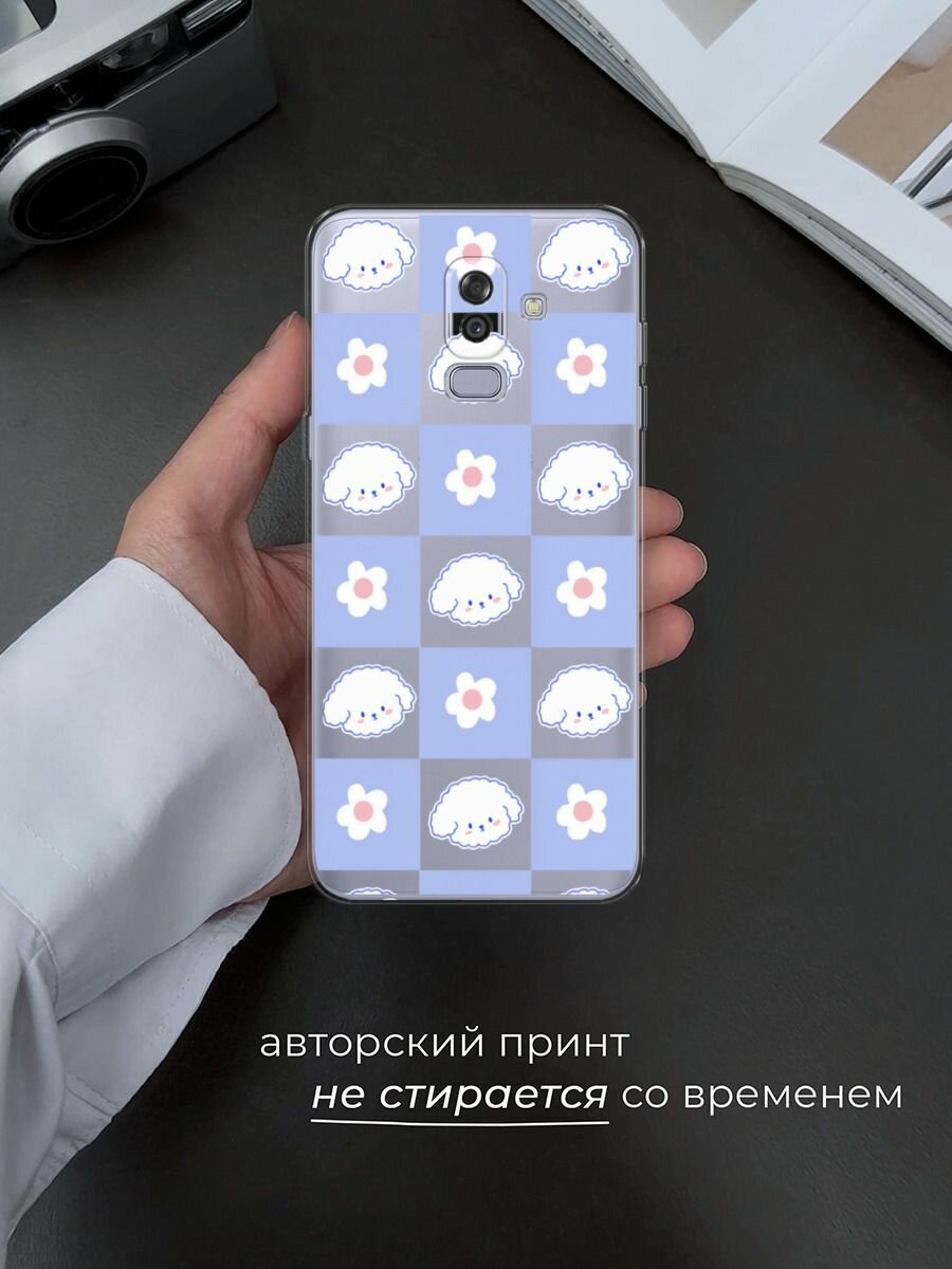 Чехол на Samsung Galaxy J8 / Самсунг Галакси Джей 8 с принтом "Кудрявые шахматы", прозрачный — фото 1