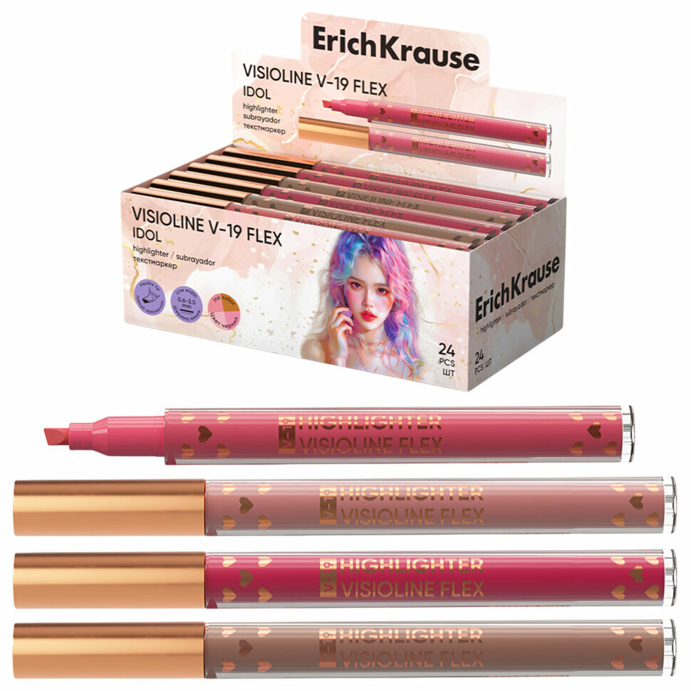 Текстовыделитель с гибким наконечником ERICH KRAUSE "Visioline V-19 Flex Idol", ассорти, 63551, 24 штук, 152664