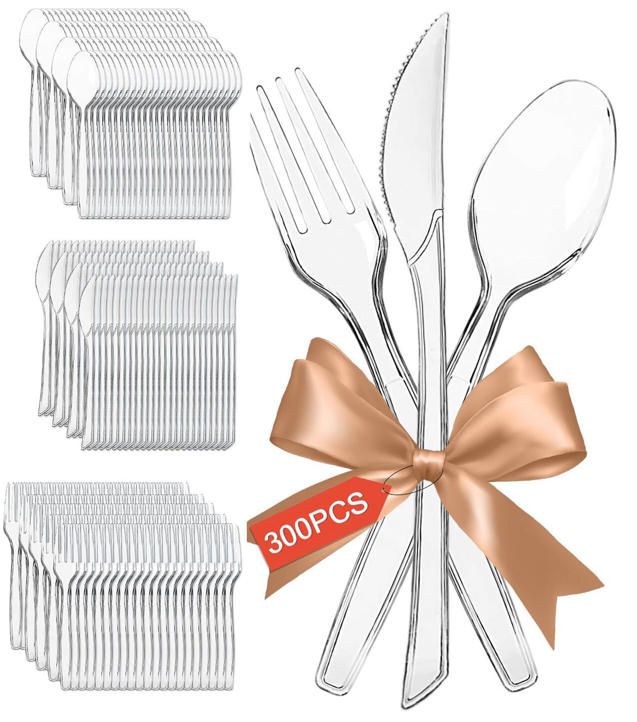 300 штук очень прочных прозрачных пластиковых столовых приборов, 150 вилок, 150 ложек, 60 ножей, термостойкие, одноразовые пластиковые столовые приборы, набор пластиковых столовых приборов, оптовая упаковка пластиковых приборов для вечеринки