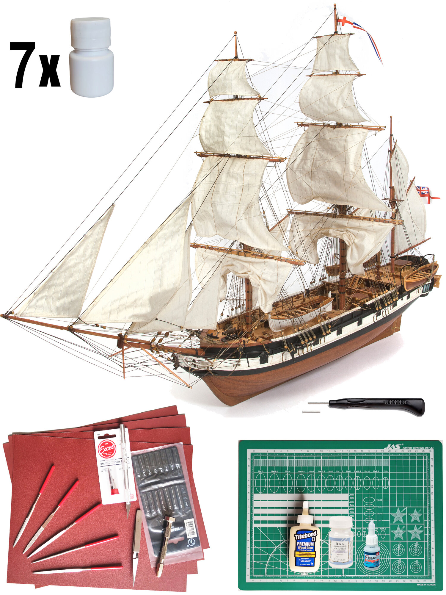 Модель корабля OcCre Барк HMS Beagle, 350 часов, 720х480х230 мм, М.1:60, подарочный набор, инструмент, краски, лак, клея