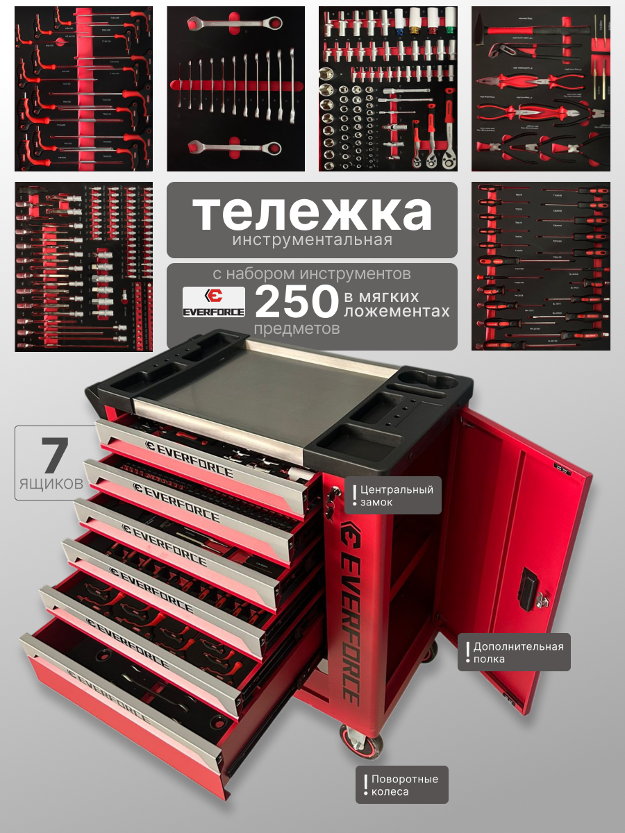 Тележка инструментальная Everforce с набором инструментов 250 предметов в Мягких ложементах