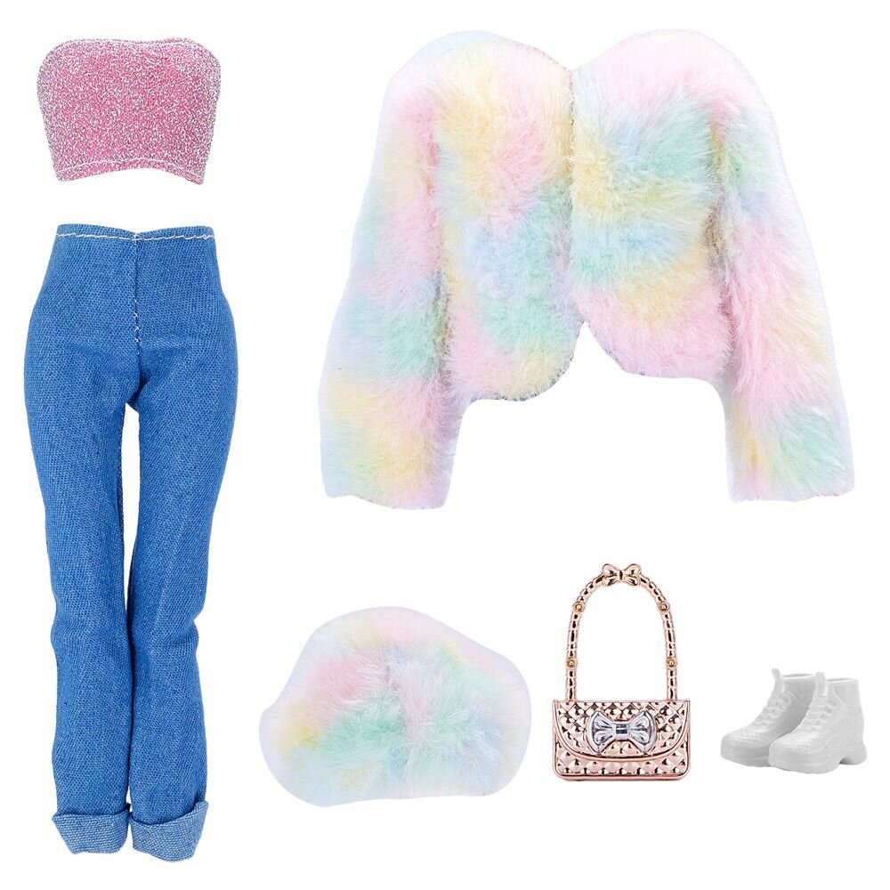 1 Комплект зимней шубки с мехом для куклы Барби, Одежда + Обувь + Сумка