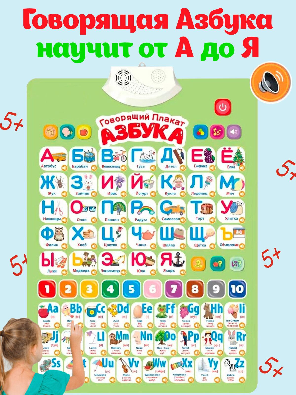 Говорящая азбука алфавит плакат обучающий для малышей, русский и английский