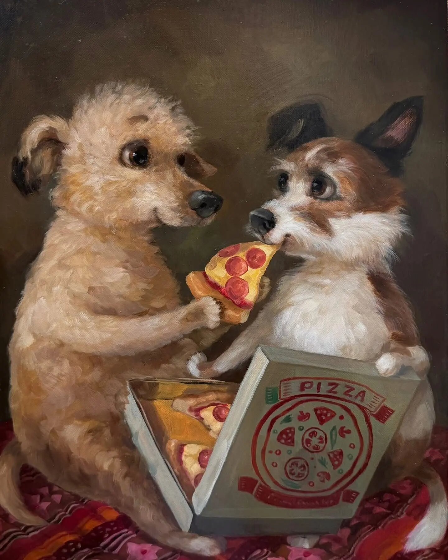 Живопись "Щенок с пиццей", холст 20x30см, коричневый