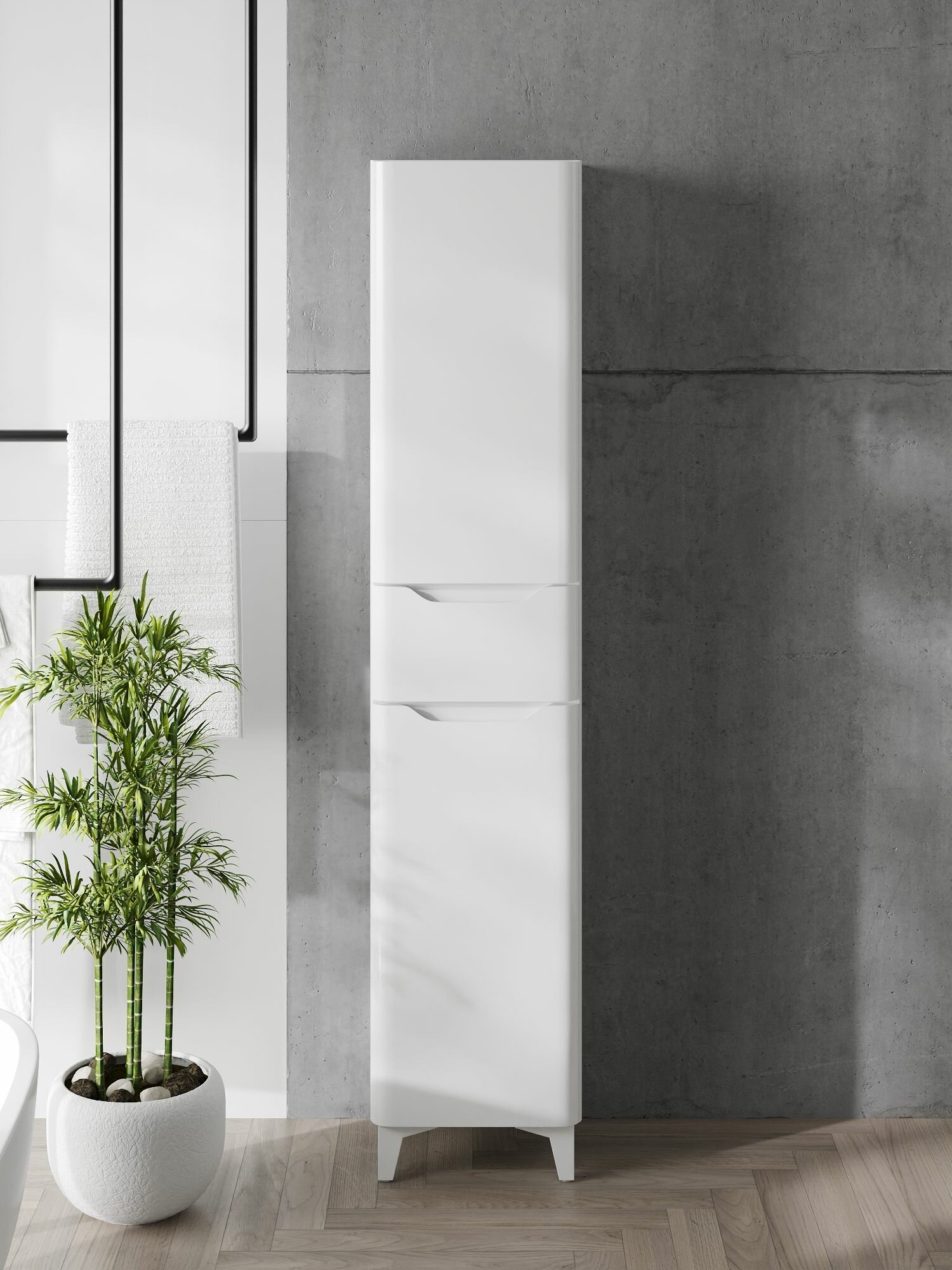 Шкаф пенал в ванную комнату, 40 см напольный с полками белый Милано левый