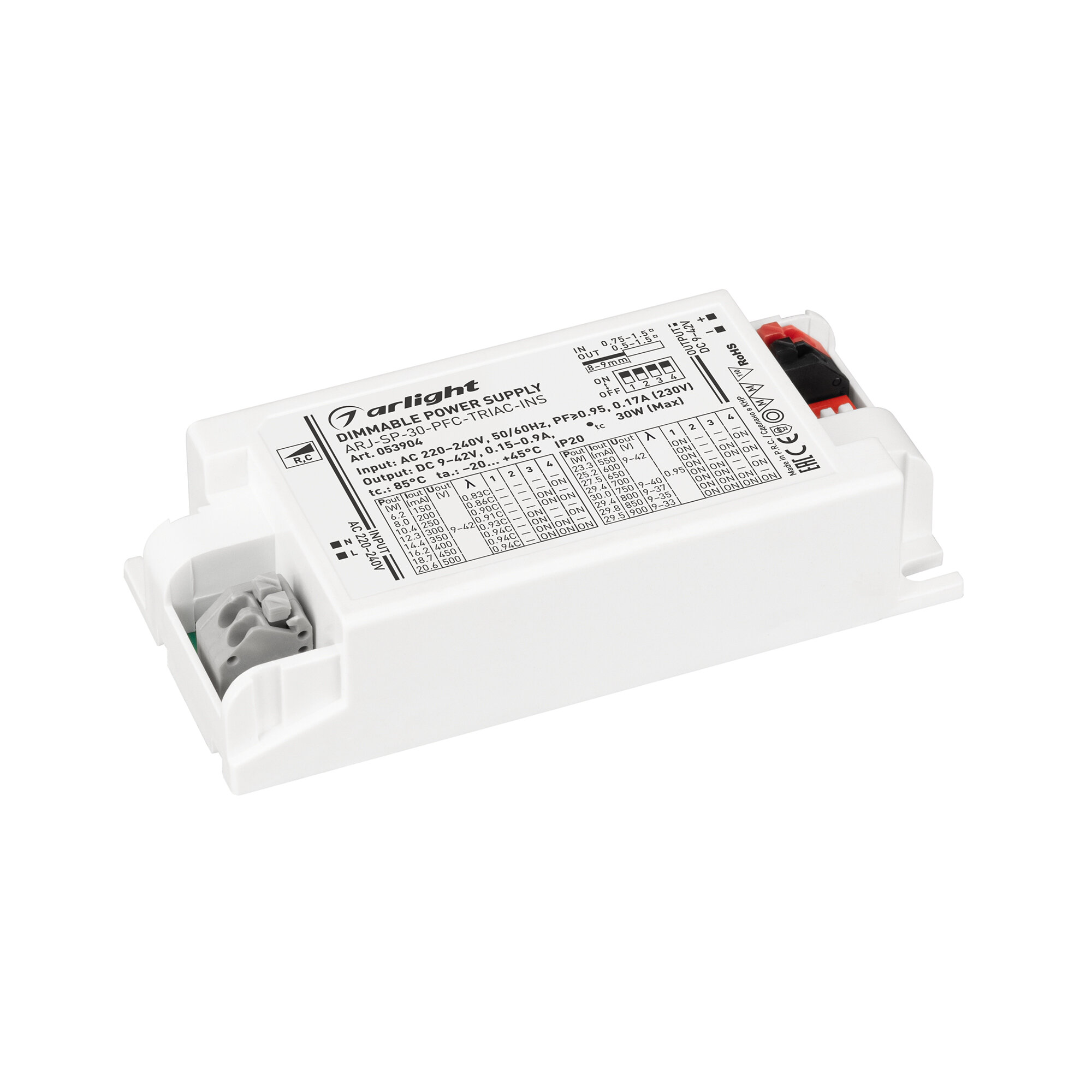Диммируемый источник тока Arlight Блок питания ARJ-SP-30-PFC-TRIAC-INS (30W, 9-42V, 0.15-0.9A) (Arlight, IP20 Пластик, 5 лет)