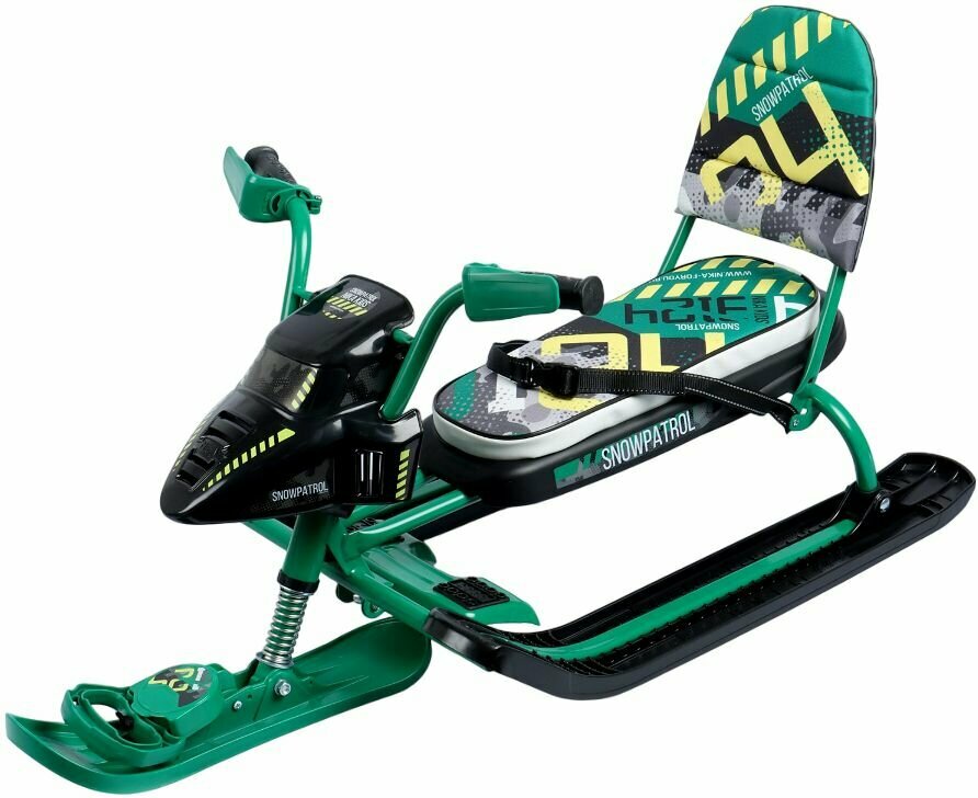 Снегокат детский "Snowpatrol" со спинкой, велорулем и амортизацией, ремень безопасности, буксировочный трос с автоматической намоткой, 107х54х47 см, нагрузка до 100 кг, от 4 лет, зелёный