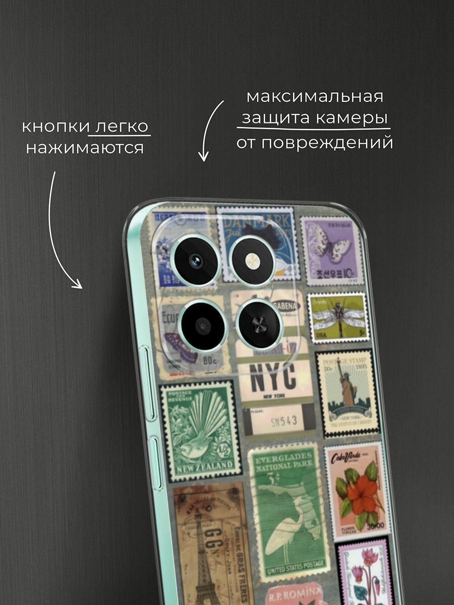 Силиконовый чехол на Honor X6c / Хонор X6c с принтом Коллаж из марок — фото 1