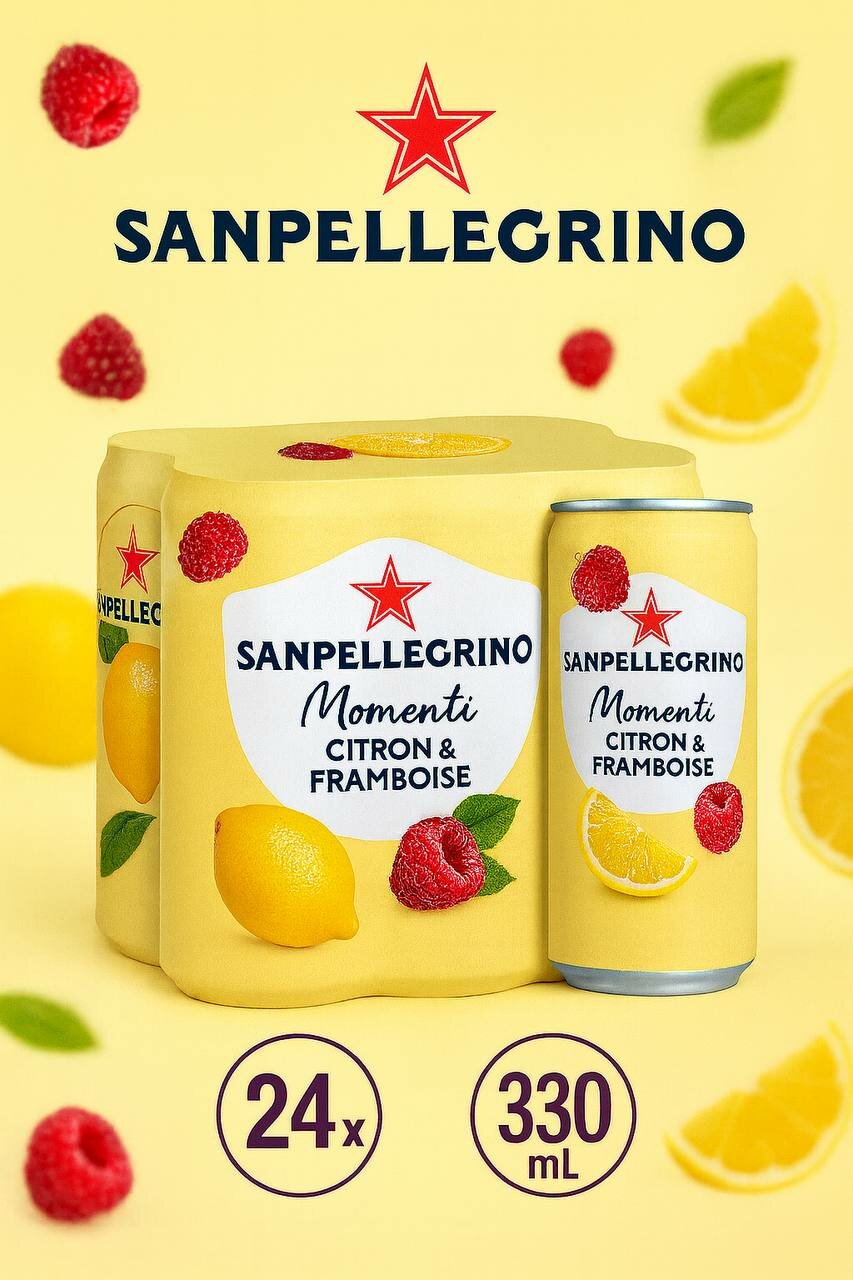 Газированный напиток Sanpellegrino Momenti Санпеллегрино Лимон и Малина, 24 шт * 330 мл, Италия
