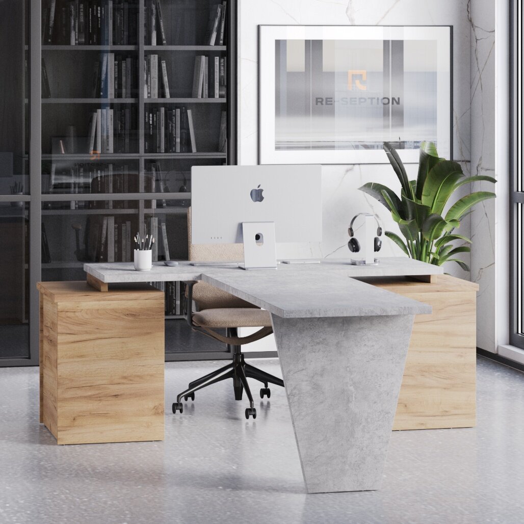 Стол руководителя / Письменный стол "Премьер" Премиум / Цемент светлый / дуб вотан/ 2000х2700х750_bb